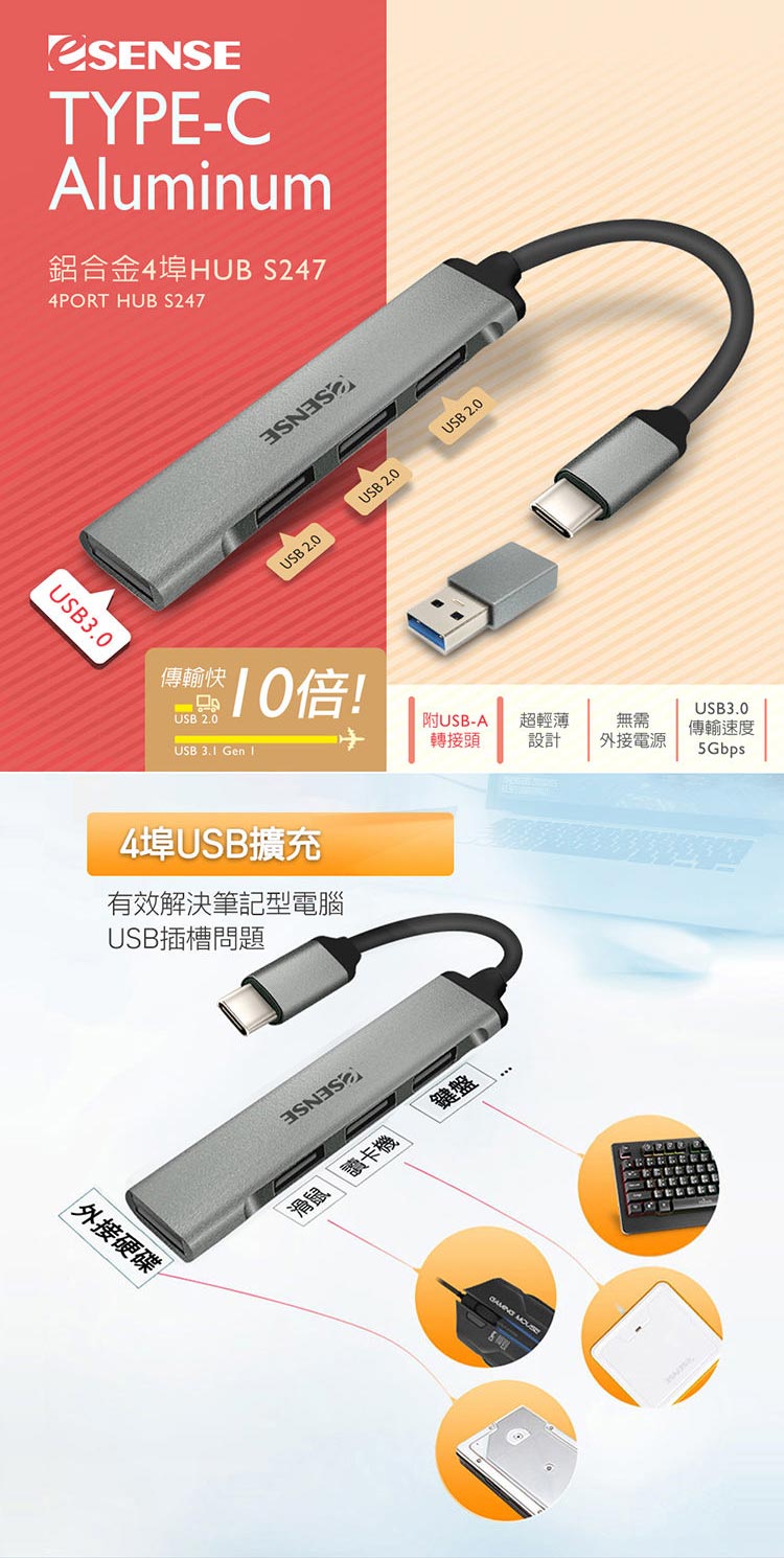 【ESENSE 逸盛】S247 Type-C鋁合金 4埠USB HUB - 三井3C購物網 - 行動版