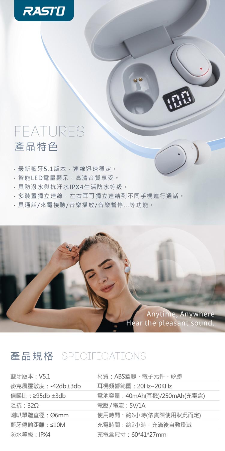 【RASTO】RS30 電量顯示真無線藍牙5.1耳機 - PChome 24h購物