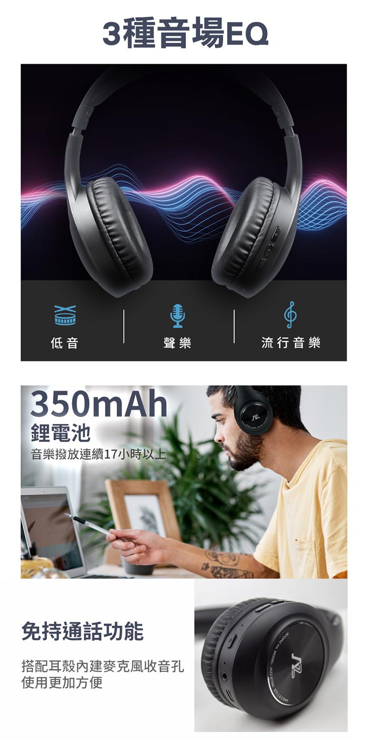 【INTOPIC 廣鼎】JAZZ-BT990 藍牙摺疊頭戴耳機 - PChome 24h購物