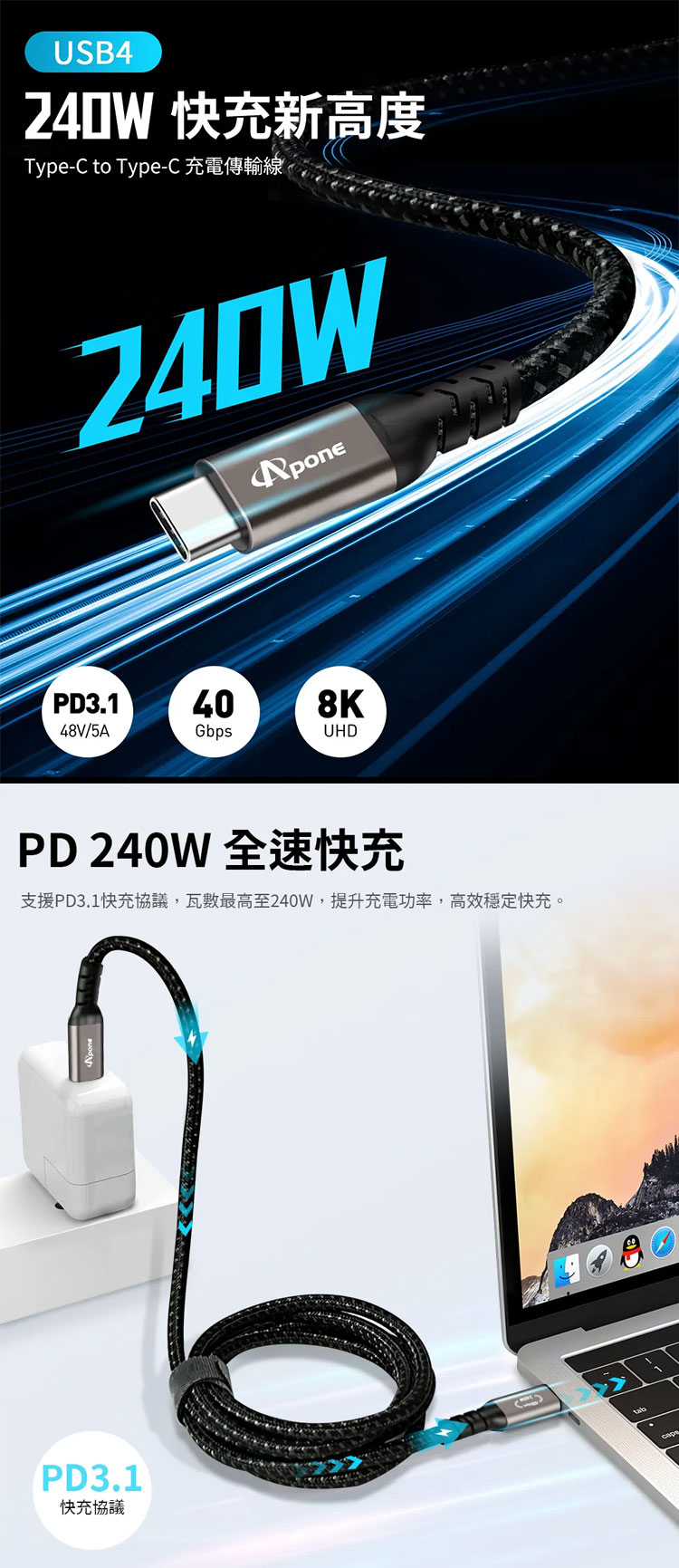 【APONE】Type-C to Type-C USB4 PD240W 充電傳輸線-1.5M - PChome 24h購物